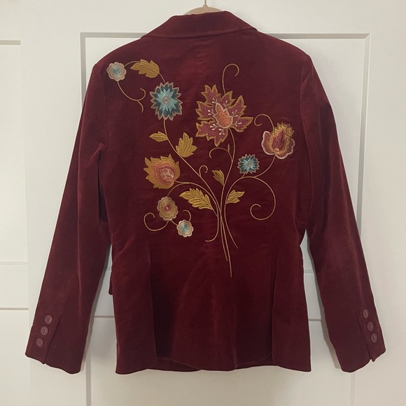 CAbi | Jackets & Coats | Cabi Red Velvet Jacket With Floral Appliqu On ...